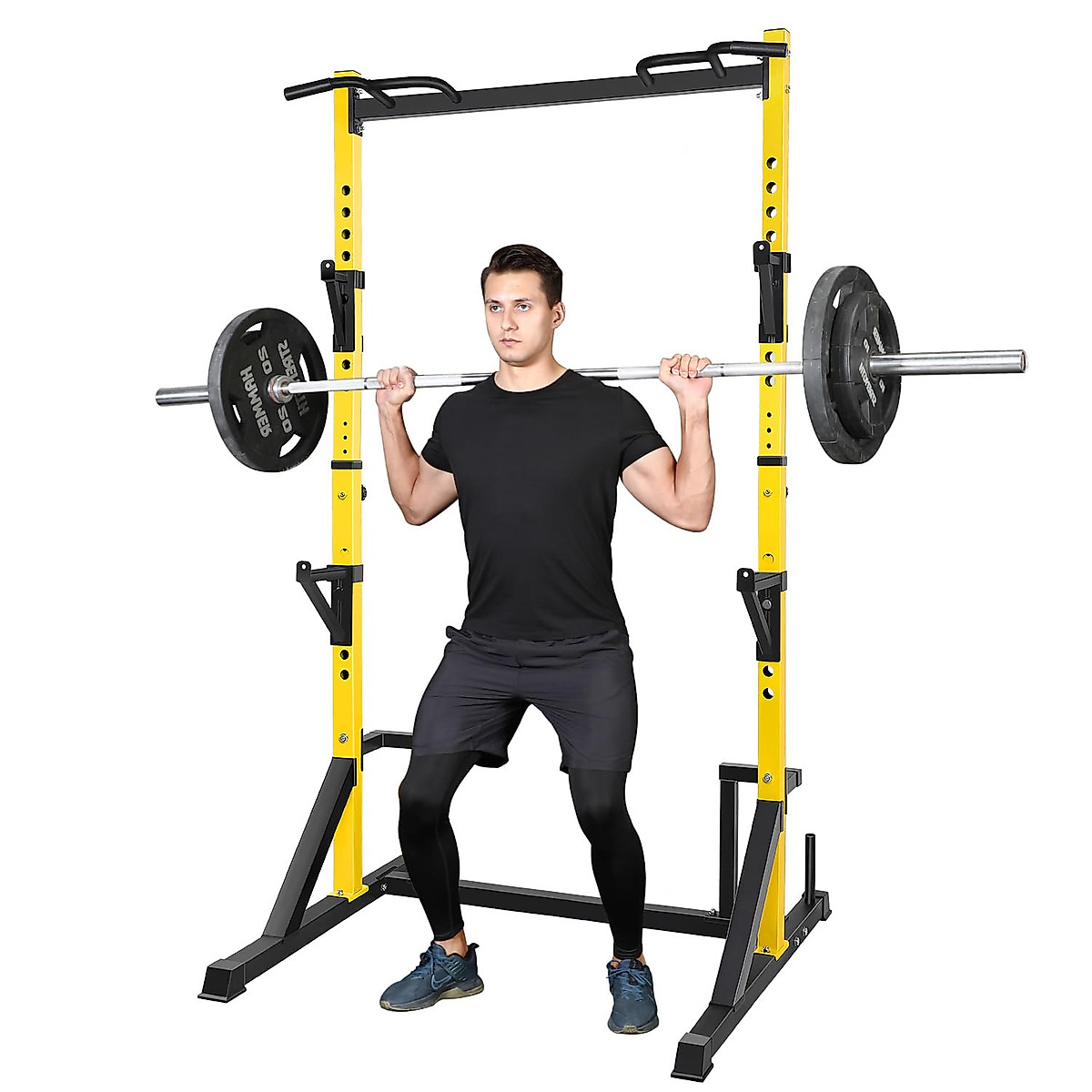 CANPA Multifunction Power Rack with Pull up Bar, Heavy Capacity and Adjustable Squat Stand Rack for Home Gym Equipment, (Yellow)