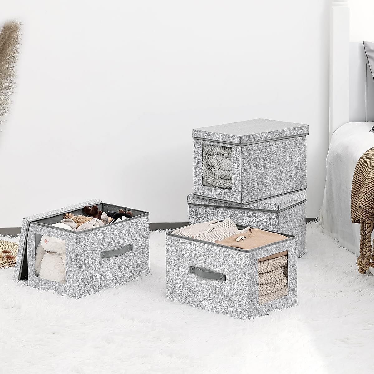 Homsorout Fabric Bins for Storage - Decorative Storage Basket with Lid, Clothes Storage Cubes with Side Window, Collapsible Storage Containers for Home, Deep Shelves, 4 Pack, Light Gray