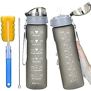 32oz Leakproof Water Bottle with Time Marker & Straw lid to Ensure You Drink Enough Water Throughout The Day for Fitness and Outdoor Enthusiasts, BPA Free, With straw Brush (1 Water Bottle)