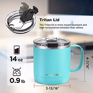 HAUSHOF 14 oz Coffee Mug, Insulated Coffee Mug with Handle, Travel Camping Cup, Portable Stainless Steel Coffee Cup, Insulated Coffee Cups with Lid, Lake Blue