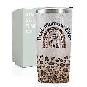 Onebttl Mamaw Gifts from Granddaughter, Grandson, Insulated Stainless Steel Wine Tumbler with Lid and Straw, for Grandma on Mother's Day, Birthday, Christmas, Best Mamaw Ever, Glitter Silver, 20 oz