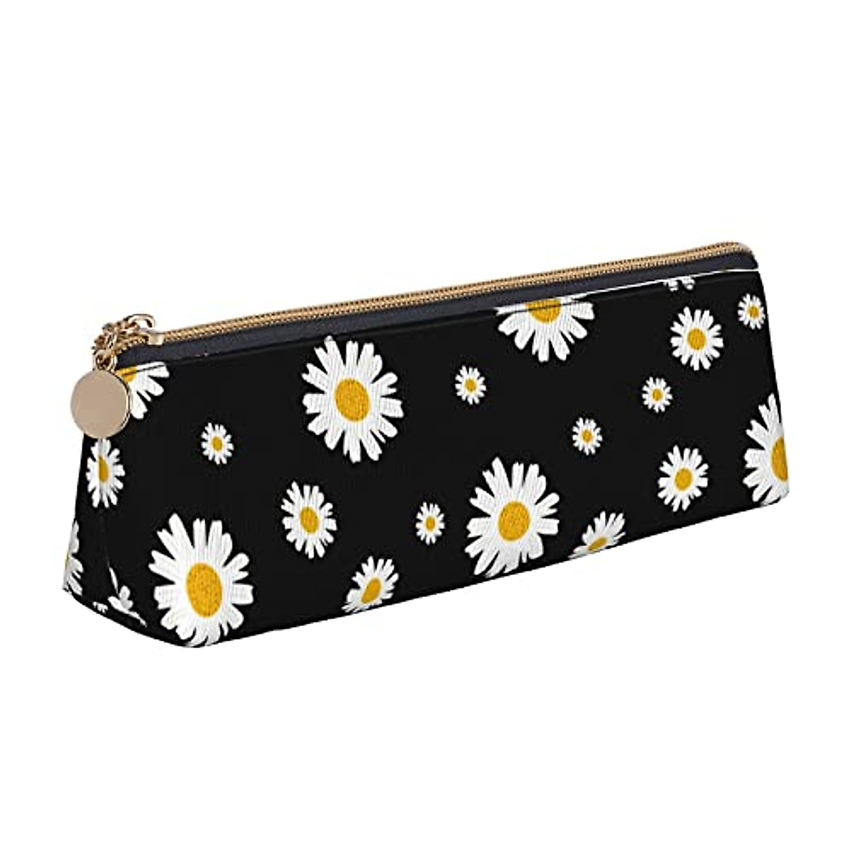 Ykklima White Yellow Daisy Flower Black Leather Pencil Case Zipper Pen Makeup Cosmetic Holder Pouch Stationery Bag for School, Work, Office