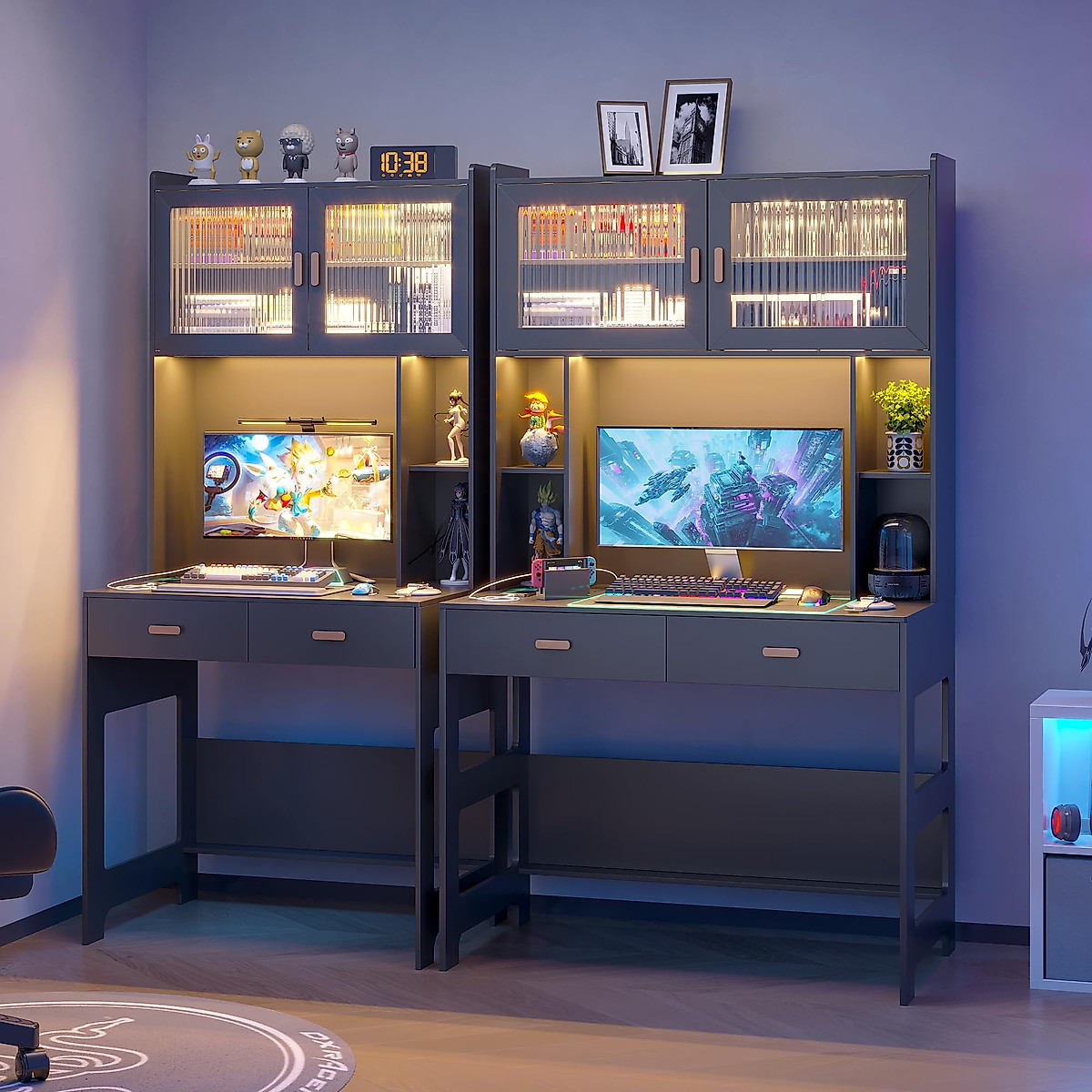 Vlsrka LED Home Office Desk with Hutch, 31.5 Inch Modern Computer Desk with Power Outlet, Wooden Bush Study Desk with Storage Drawers & Shelves (Matte Black)