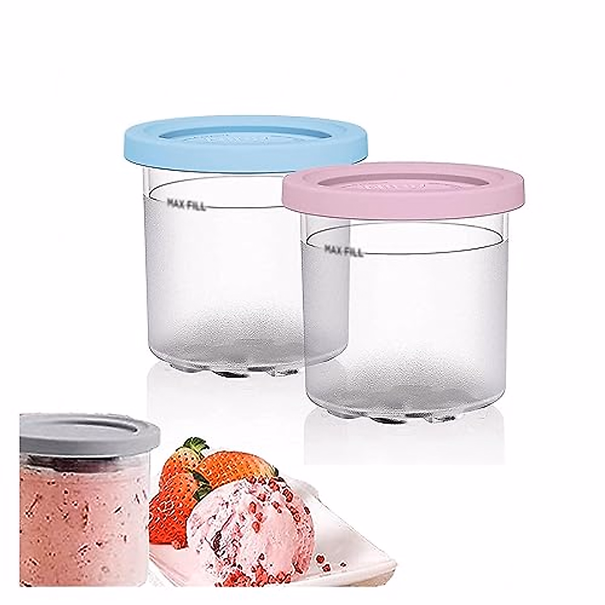 EVANEM 2/4/6PCS Creami Pints, for Ninja Creami Pint,16 OZ Ice Cream Pints Airtight and Leaf-Proof Compatible with NC299AMZ,NC300s Series Ice Cream Makers,Pink+Blue-2PCS