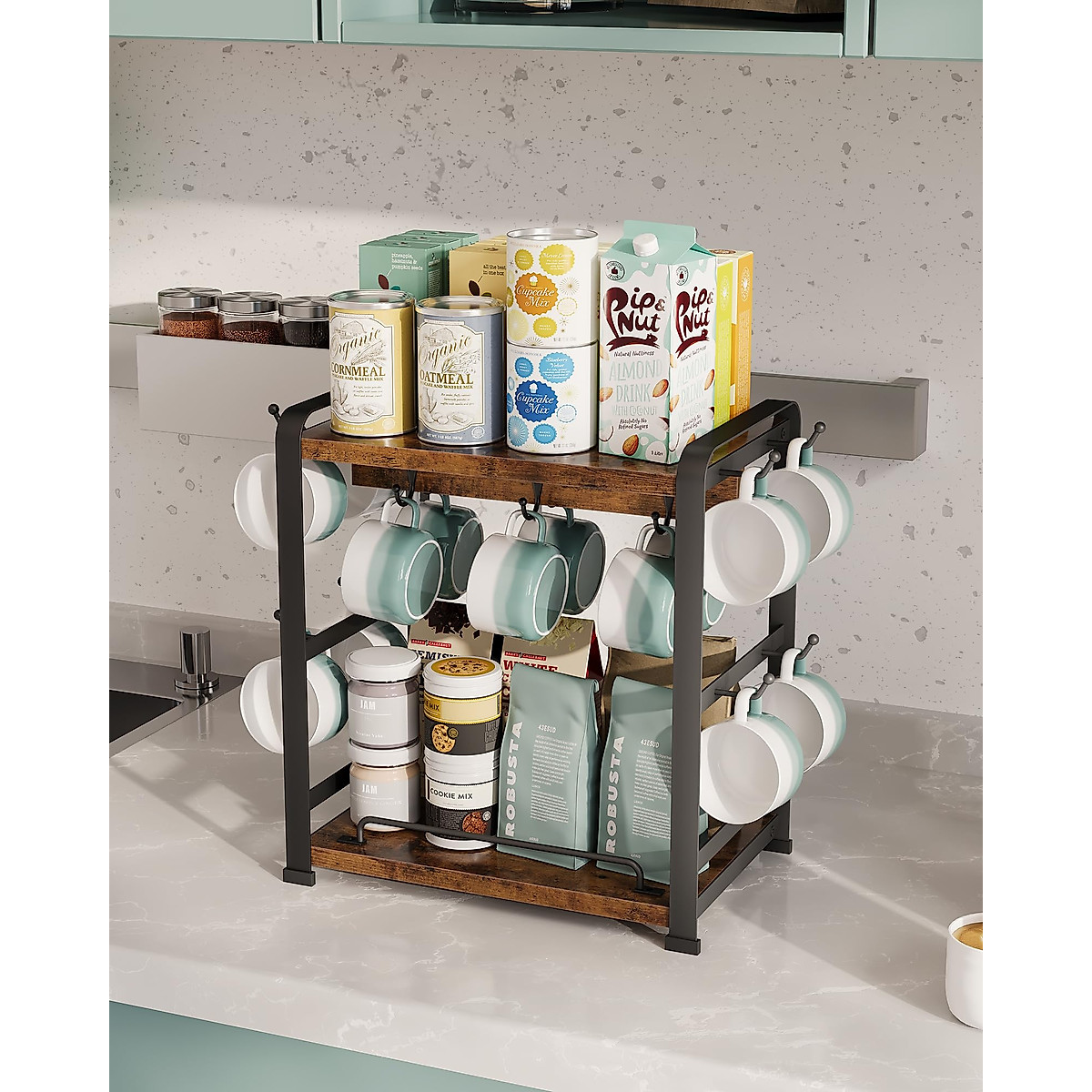 OROPY Coffee Bar Organizer with 14 Mug Hooks, Wood Coffee Mug Holder Stand for Countertop, 2 Tier Coffee Station Organizer for Coffee Cups, Mugs, Syrups, Accessories