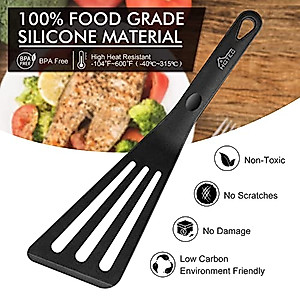 HOTEC Heat Resistant Silicone Slotted Fish Turner Spatula Set Flipper Spatulas for Cooking Non Stick Cookware Strong Dishwasher Safe Black