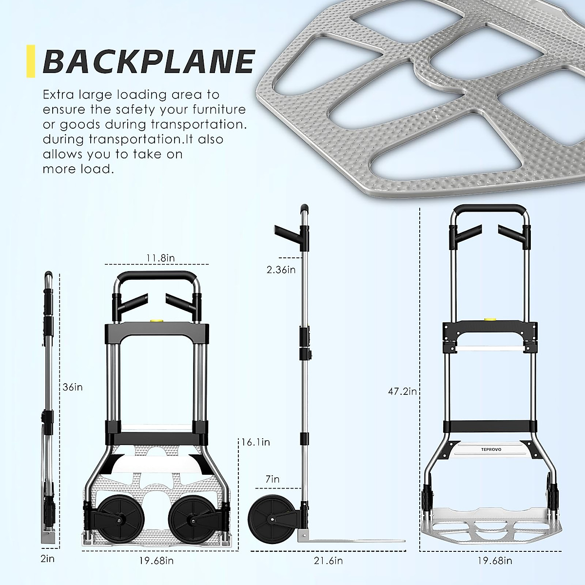 Teprovo Folding Hand Truck Dolly Cart,340LB Capacity Portable Aluminum Dolly Cart with Telescoping Handle and 7 Inch Rubber Wheels for Moving,Shopping,Travel,Office Use