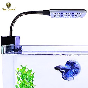 SunGrow LED Aquarium Light for Fish Tank, 24 LEDs, White & Blue Adjustable 360° Flexible Metal Arm Small Aquarium LED Light for Nano Tank, 3.7 W Low Consumption Power Aquarium Clip Lamp with Switch