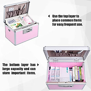 xydstay Medicine Lock Box,First Aid Safe Medication Storage Box,Layered Aluminum Daily Medicine Cabinet Family Use,12.2" x 7.9" x 7.5", Pink