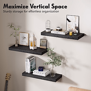Floating Shelves for Wall Storage, Wall Mounted Rustic Wood Shelves, Modern Hanging Shelves, Display Shelf Organizer for Bathroom, Bedroom, Living Room, Kitchen, Room Décor 16 inch Set of 3, Black