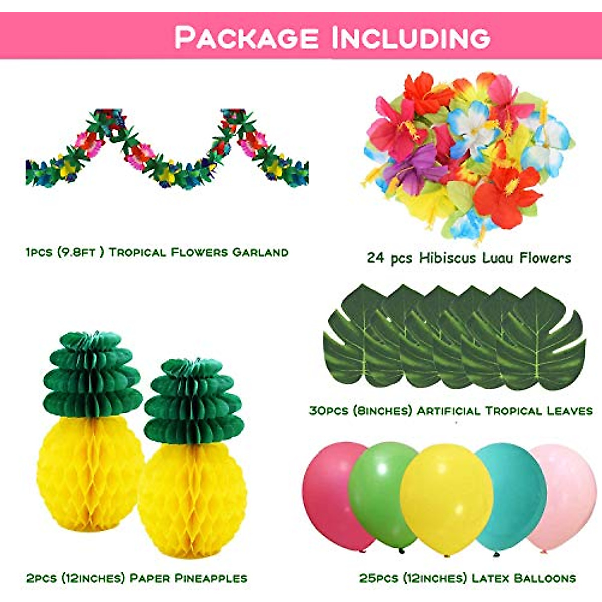 Hawaiian Luau Party Decorations 82Pcs, Tropical Party Balloons, Palm Leaves, Flower Banner, Hibiscus Flowers, Pineapple, for Summer Party Supplies Beach Party Wedding Birthday Party For Adult & Kid