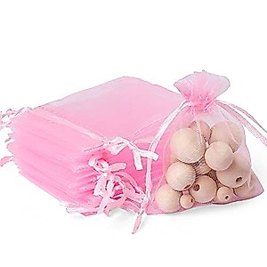 LotFancy 100Pcs Sheer Pink Organza Bags, 2.8x3.6” Small Mesh Jewelry Bags, Drawstring Gift Bags for Party Wedding Favor