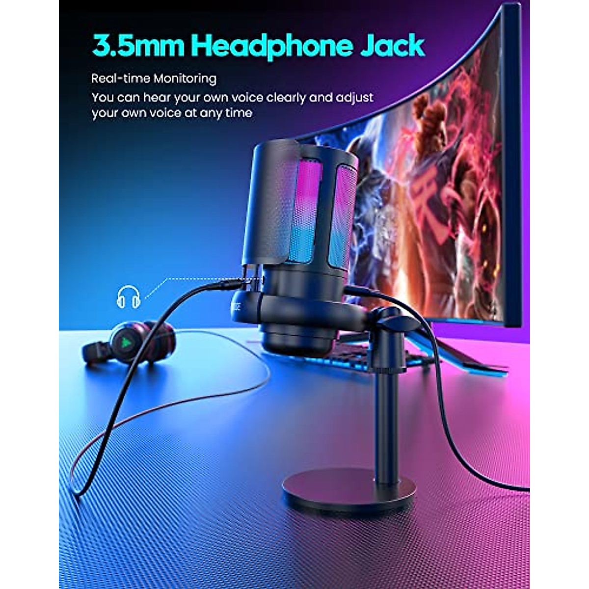 COCONISE Gaming Microphone, USB PC Mic for Podcasts Videos, Streaming, Condenser Mic with Quick Mute, Tripod Stand, Pop Filter, RGB Indicator, Shock Mount, Rotate gain button, Compatible with PS4/5/PC