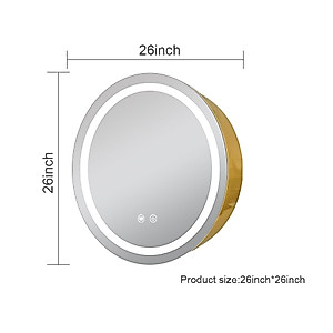 Janboe 26inch Round Medicine Cabinet with Lights,Led Medicine Cabinet with Defogger,Illuminated Mirror Cabinet for Bathroom,Dimmable,Anti-Fog,3 Colors,Surface Mount only,Gold