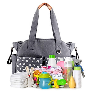 Homlynn Diaper Tote Bag, Baby Changing Satchel Bag Messenger Weekender with 12 Pockets and Stroller Straps for All Baby Accessories (Classic Grey)