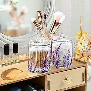 ALAZA Purple Qtip Holder Dispenser 4 Pack Containers for Cotton and Qtips Lavender Cotton Ball Cotton Swab Cotton Round Pads Floss Clear Bathroom Storage Plastic Apothecary Jars with Lids