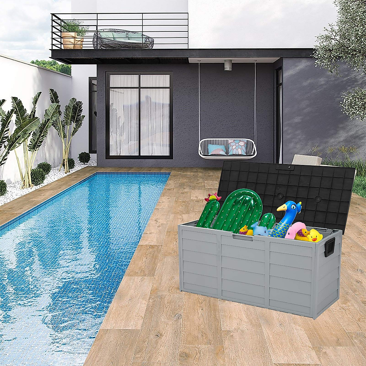 75 Gallon Deck Box for Outdoor Storage with Garden-Friendly Design, Ideal for Patio Furniture, Pool Toys, and Garden Tools, Measures 44 x 21.3 x 19.3 Inches,Black