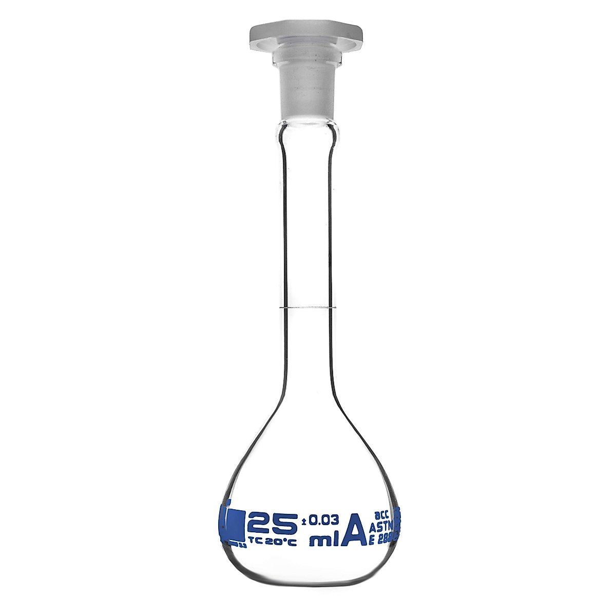 Volumetric Flask, 25ml - Class A, ASTM - Tolerance ±0.03ml - Polypropylene Stopper - Single, White Graduation - Borosilicate Glass - Eisco Labs