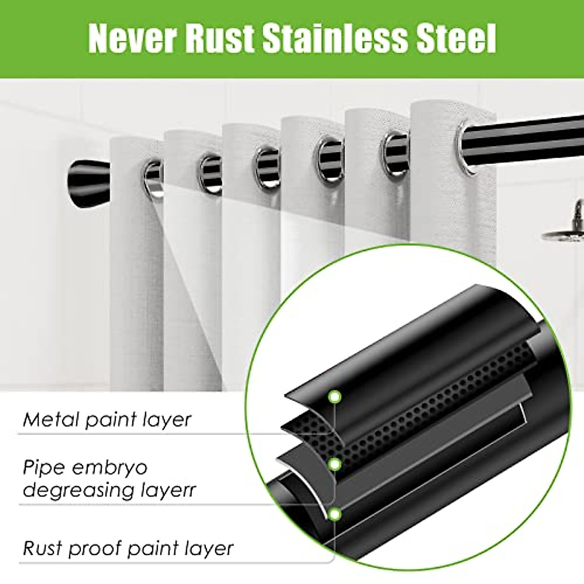 AIZESI Spring Tension Curtain Rods 28 to 48 Inch Black Shower Rod Tension Rods Never Rust Non-slip Shower Curtain Rod Tension No Drill Adjustable Curtain Rods Spring Tension Rod for Window or Shower