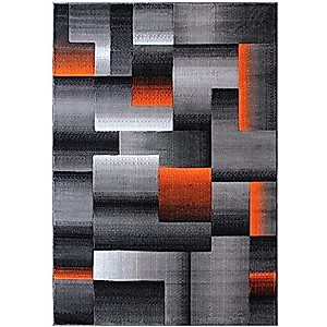 Champion Rugs Modern Geometric Abstract Boxes Squares Orange Grey Black Carpet Bedroom Living Room Contemporary Dining Accent (5’ 3” X 7’ 5”)