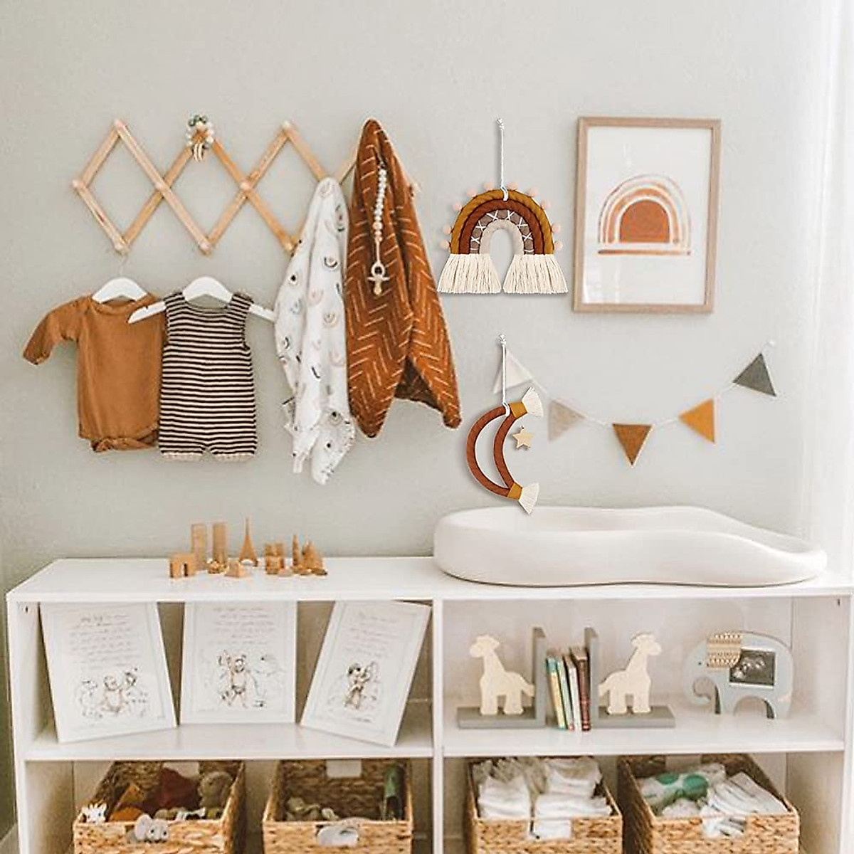 ZWADOU Rainbow Moon Wall Hanging,Rainbow Moon Wall Art,Handmade Macrame Rainbow Wall Decor for Nursery Kids Room Home Decor, Yellow+brown, rainbow:8*7in,luna:9.5*5.5in