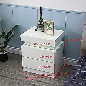 Modern LED End Table & Nightstand for Bedroom - Night Table with Built in Multi-Colour LED High Gloss Backlight - Bedside Cabinet with 2 Drawers for Living Room- Particle Board (White)