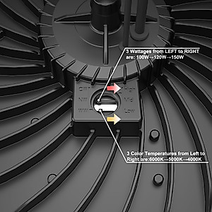 Hylele UFO LED High Bay Lights 150W-120W-100W Adjustable Commercial Bay Lighting 24000lm 6000K/5000K/4000K 0-10V Dimmable Plug-in for Warehouse Workshop