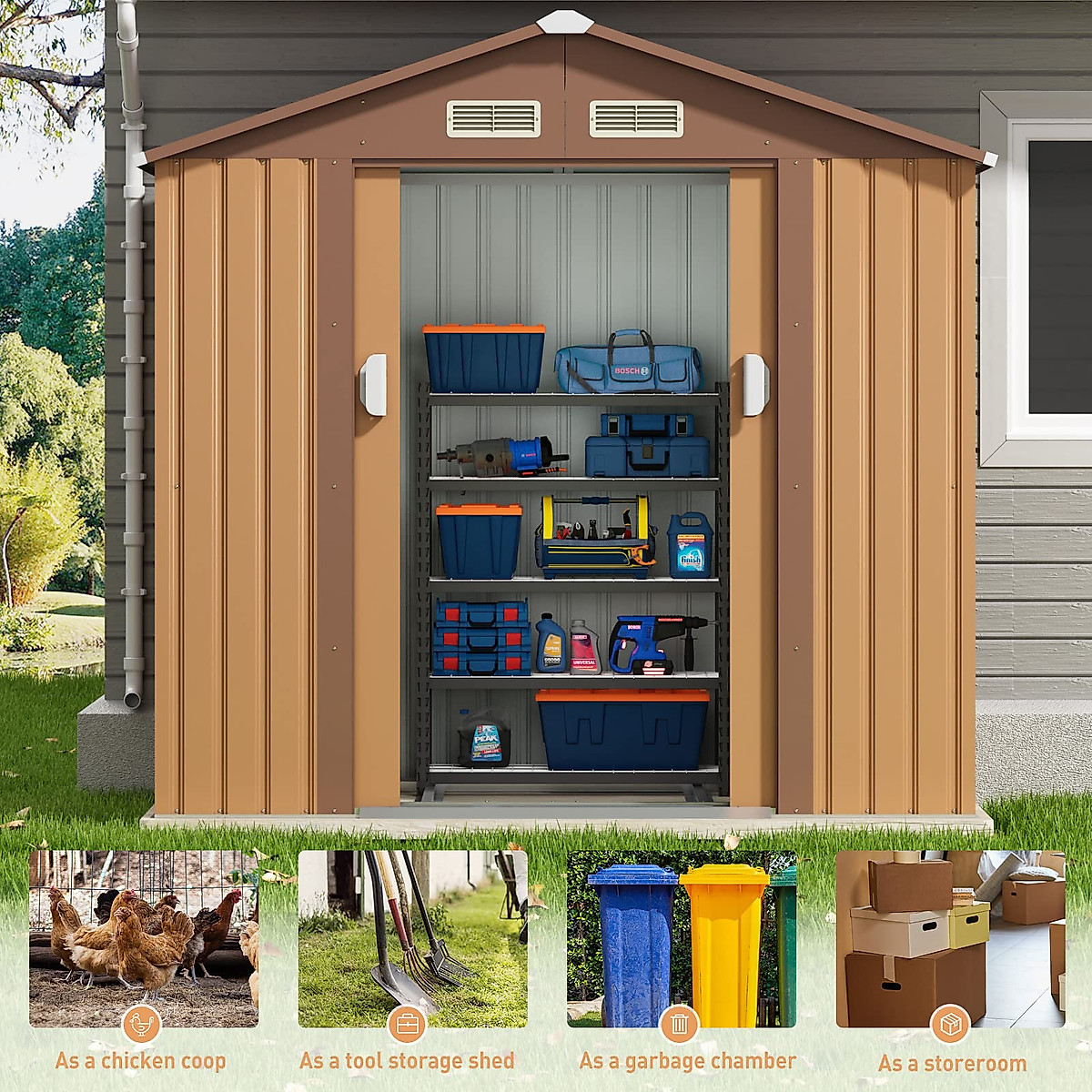 HOGYME 7' x 4.2' Metal Outdoor Storage Shed, Galvanized Steel Garden Shed & Outdoor Storage Suitable for Lawn Mower Bike, Backyard Tool Shed with Lockable/Sliding Door and Stable Base, 4 Vents, Coffee