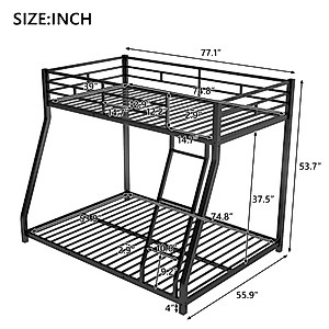 Bellemave Twin Over Full bunk Bed，Metal Floor Bunk Bed, Bunk Bed for Kids, Adults, Bunk Bed for Boys, Girls, Adult bunk beds Heavy Duty, Black