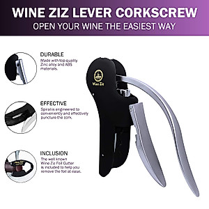 Wine Ziz Black Screw-pull Lever Corkscrew Wine Bottle Opener Set with Bonus Foil Cutter Tool and Extra Spare Corkscrew Spiral, Heavy-Duty Metal Manual Cork Screw, Best Wine Gift Kit (Silver)
