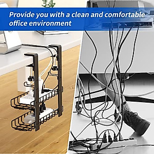 Under Desk Cable Management Tray, High Capacity Cord Organizer Rack for Desk, 2 Tier Desk Wire Management with Clamp Mount System, No Drill Cable Basket fits 0.4" to 2.4" Thickness Flat Side Desk
