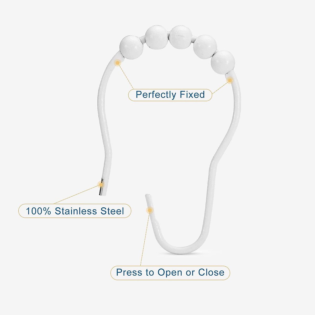 Shower Curtain Hooks, OEH Stainless Steel Shower Curtain Rings, Roller Gliding Shower Hooks for Shower Curtain, Rustproof Shower Rings for Curtain, Shower Curtain, Shower Rod, Set of 12, White