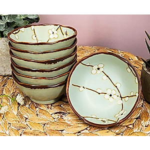 Ebros Gift Made In Japan 3.75" Diameter Light Blue Plum Set of 6 Irregular Flared Bowls With Sakura Cherry Blossoms Design 7 oz Ice Cream Miso Soup Salad Rice Bowl Kitchen Dining Restaurant Supply