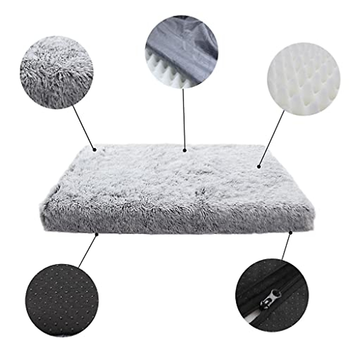 CHBC Square Long Plush Warm Dog Bed with Zipper Cat Mats Fulffy Pet Kennel Pad Warm Sleeping for Pet Washable Dogs Cats Sofa Bed (S, Grey-White)