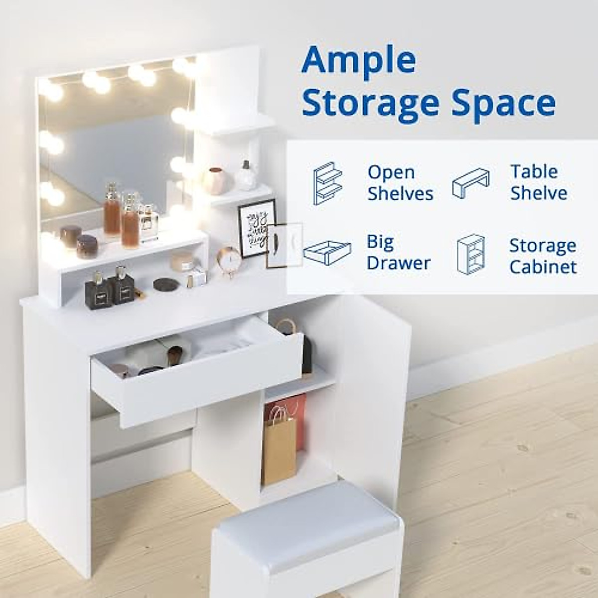 Makeup Vanity Table, Make Up Vanity Desk with Large Mirror and 10 LED Lights, Brightness Adjustable, Dresser Table Desk with Drawers & Shelves, Bedroom Vanitys Desk for Girls Women, White, New