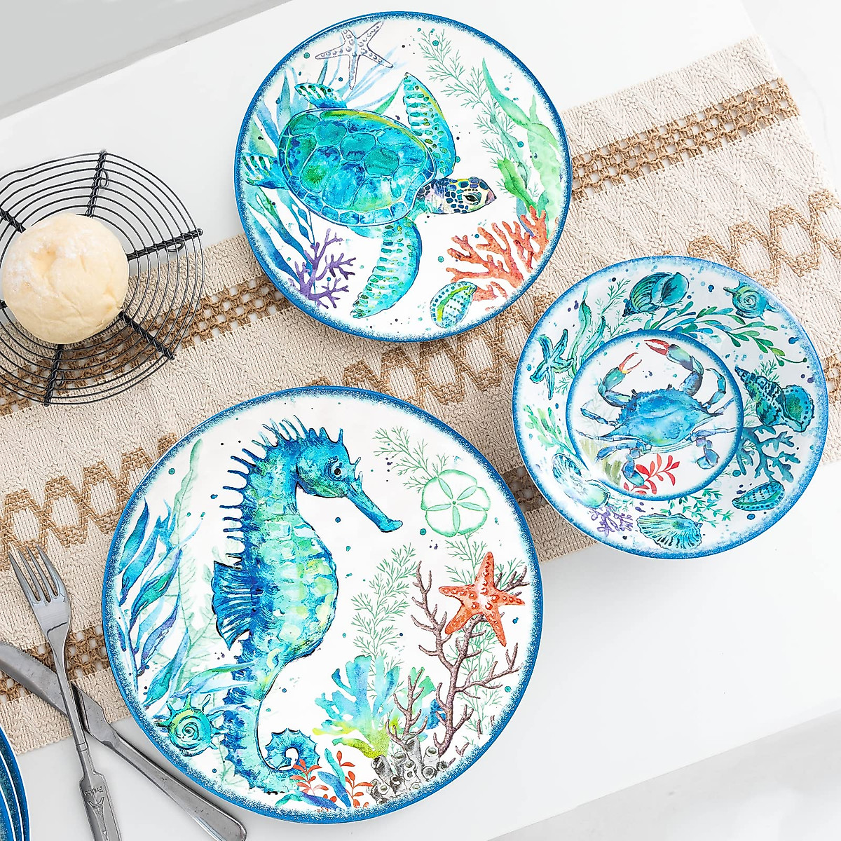 LEHAHA 12-Piece Melamine Beach Dinnerware Set, Coastal Plates and Bowls Sets, Oceanic Sea Life Dish Sets for 4, Great for Indoor Outdoor Dining on the Beach, RV, Camping or Cabin