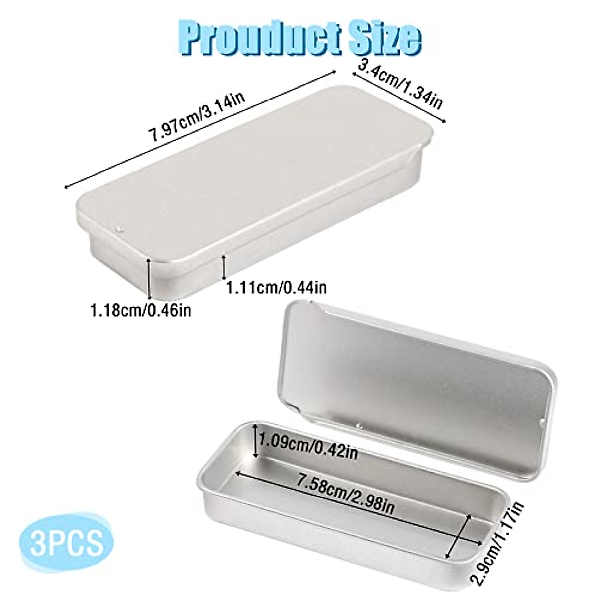 KALIONE Metal Box Containers Empty Slide Top Small Metal Containers 3.14 by 1.34 by 0.4 Inch Rectangular Storage Box Containers for Candies Jewelry Crafts Pills Survival Kit 3Pcs