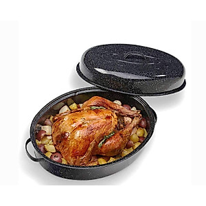 16 Inch Roasting Pan with Lid - Covered Oval Roaster - Enamel Carbon Steel Roaster Pot