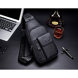 BULLCAPTAIN Genuine Leather Men Sling Bag Travel Crossbody Chest Bag Large Capacity Casual Hiking Daypack (Black)