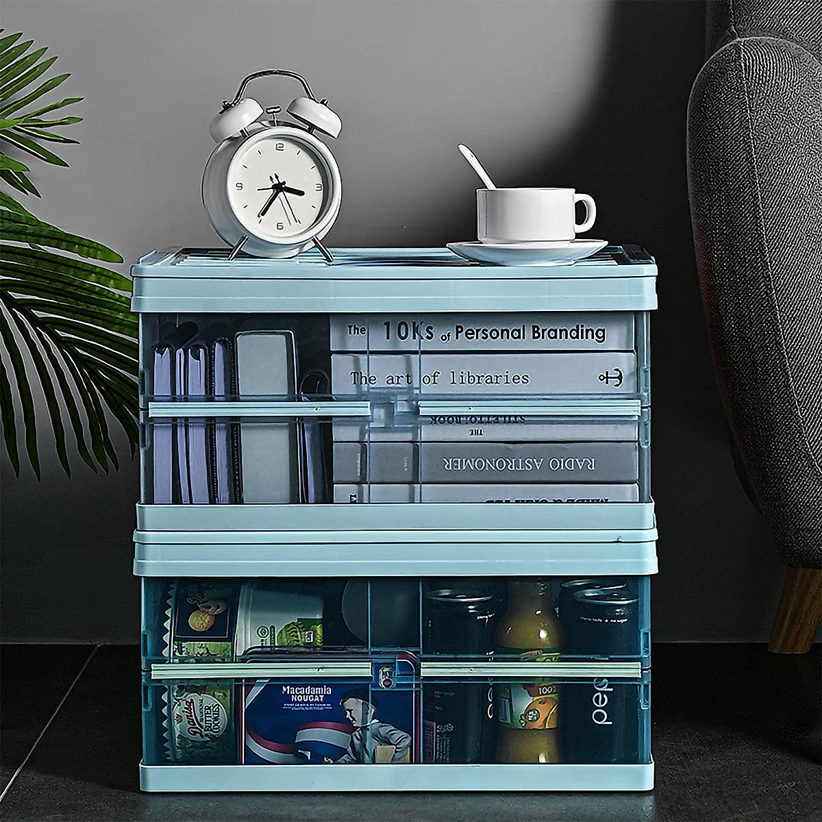 MineSign Foldable Storage Bins with Lid Stackable Plastic Storage Crate Folding Storage Container for Home Closet Bedroom Kitchen Camping Bins with Build in Handle Medium Blue