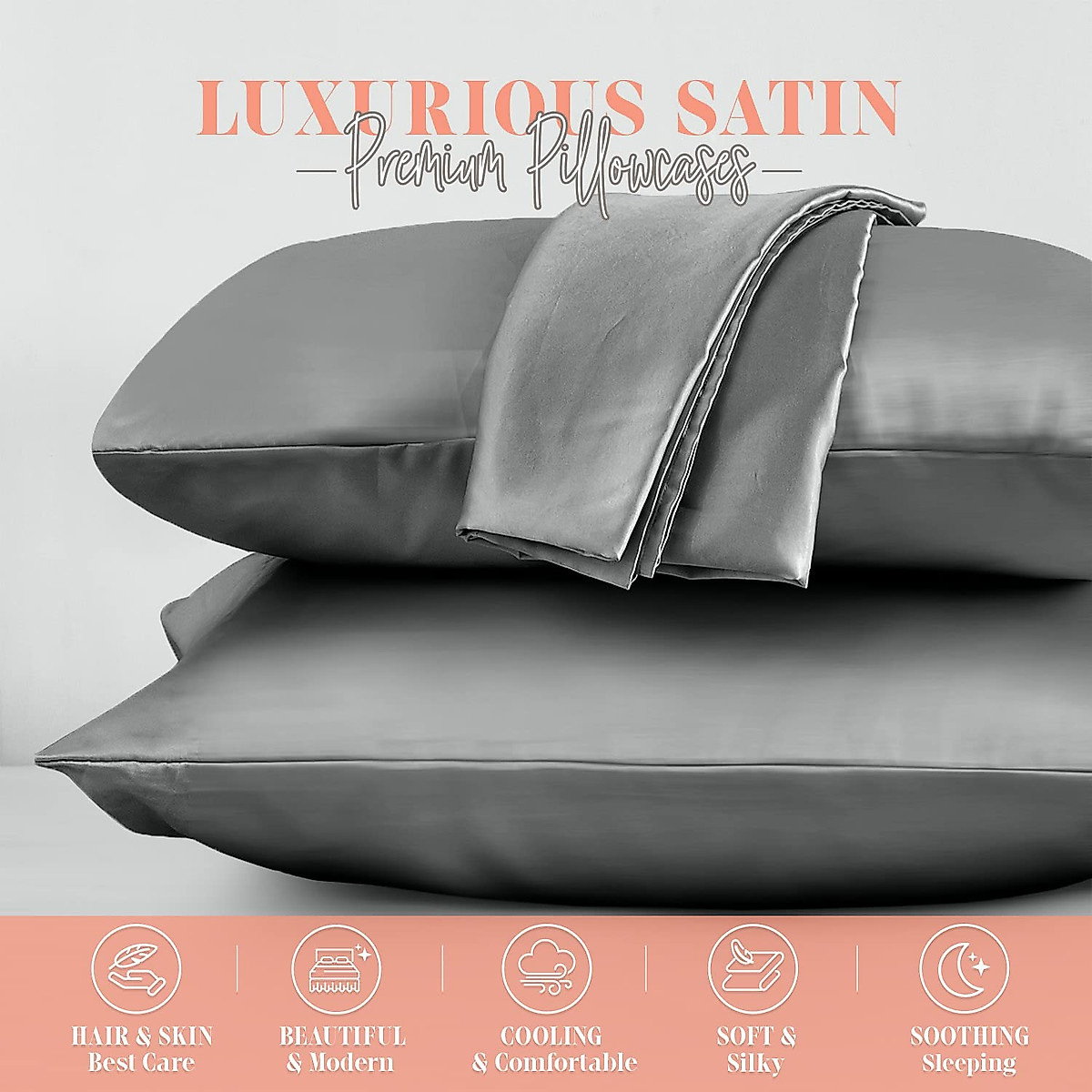 Elegant Comfort Silky and Luxurious 2-Piece Satin Pillowcase Set for Healthier Skin and Hair, Hidden Zipper Closure and Beautifully Packaged, Satin Pillowcase Set, Standard/Queen, Gray