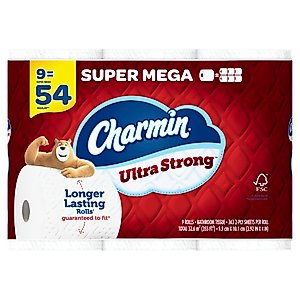 Charmin Ultra Strong Super Mega 2-Ply Toilet Paper Rolls, 4" x 4", White, 363 Sheets Per Roll, Pack Of 9 Rolls