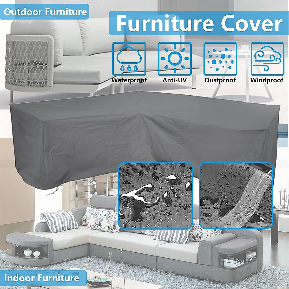 COOSOO Patio V Shape Sofa Cover Sectional Waterproof Corner Sofa Cover Outdoor Dust-Proof Anti-UV Furniture Couch Cover for Lawn Garden Yard Indoor with Windproof Buckle Extra Large Grey