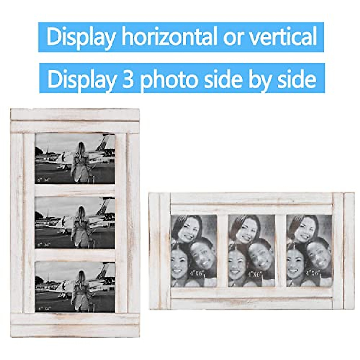 Rustic Distressed 3 Picture Photo Frames Collage 4x6 Wall Mounted Craftsmanship, Hanging Horizontal and Vertical, Gift for Halloween, Thanks Giving Day, Birthday, Anniversary, Christmas, New Year, Mother's Day（White)