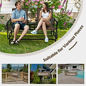 Tangkula 2 Person Swing Glider Chair, Patio Rocking Loveseat w/Center Tempered Glass Table, Outdoor Swing Bench w/Steel Frame & Breathable Mesh Fabric for Porch, Balcony, Poolside (Brown)