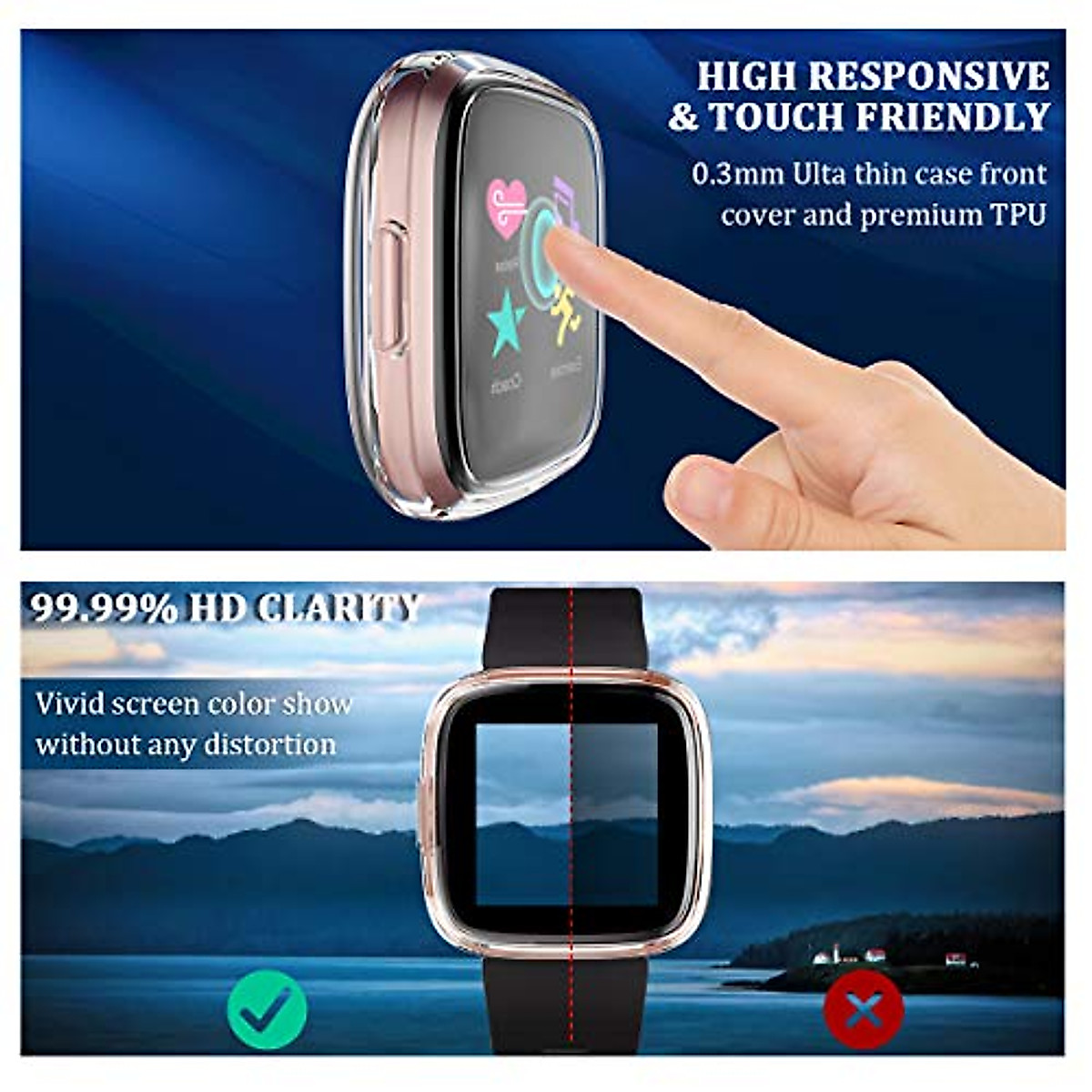 Maledan Compatible with Fitbit Versa 2 Screen Protector Case, 3 Pack Clear Ultra Thin Full Protective Case Cover Scratch Resistant Shock Absorbing for Versa 2 Smartwatch Bands Accessories