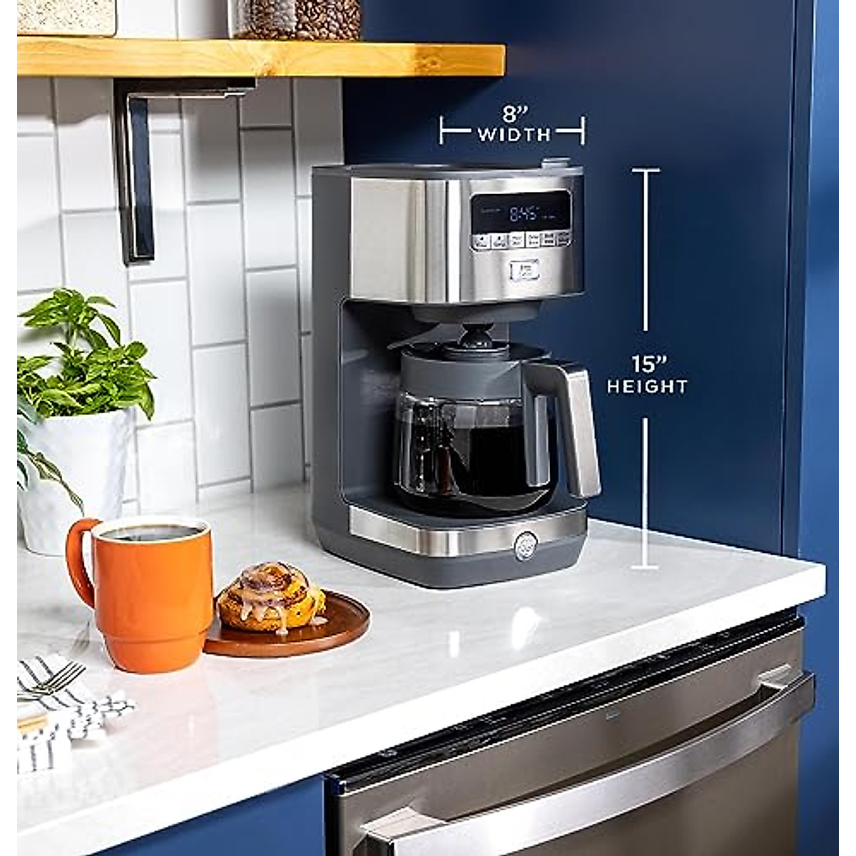 GE Drip Coffee Maker With Timer | 12-Cup Glass Carafe Coffee Pot With Adjustable Keep Warm Plate | Wide Shower Head for Maximum Flavor | Kitchen Essentials | Stainless Steel