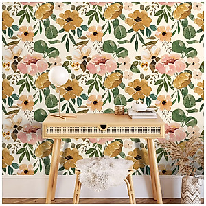 HAOKHOME Vintage Boho Floral Peel and Stick Wallpaper Peonies Removable Rose Beige/Pink/Oliva Vinyl Self Adhesive Contact Paper 17.7in x 9.8ft