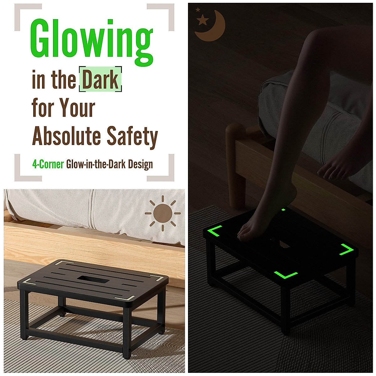 Tikea Step Stool for Adults with Handle & Non - Slip Surface and Rubber Feet - Sturdy Step Stool with Glow Strip - 500 lbs Capacity for Bedroom, Bedside, Bathroom, and Kitchen (Black)