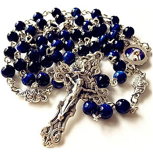 elegantmedical HANDMADE Blue Tiger Eye Beads & Silver Rose Beads ROSARY CROSS Crucifix Necklace box